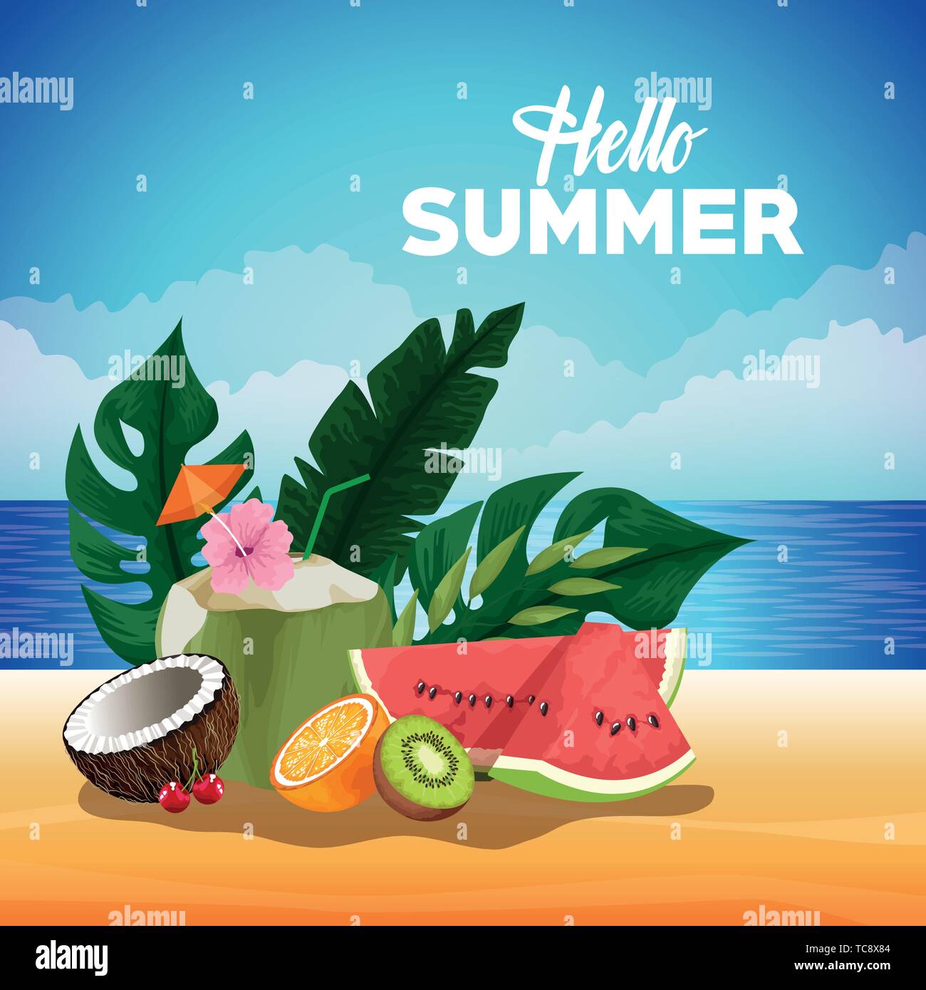 Hello summer card poster with cartoons Stock Vector Image & Art - Alamy