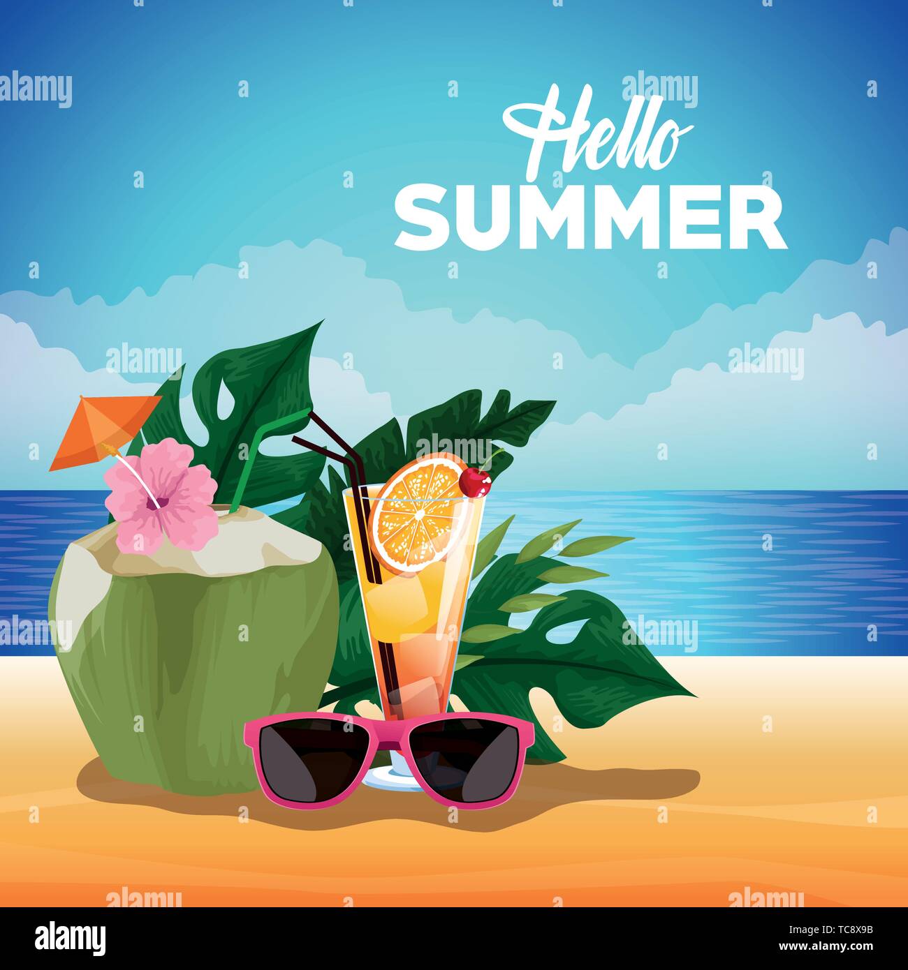 Hello summer card poster with cartoons Stock Vector Image & Art - Alamy