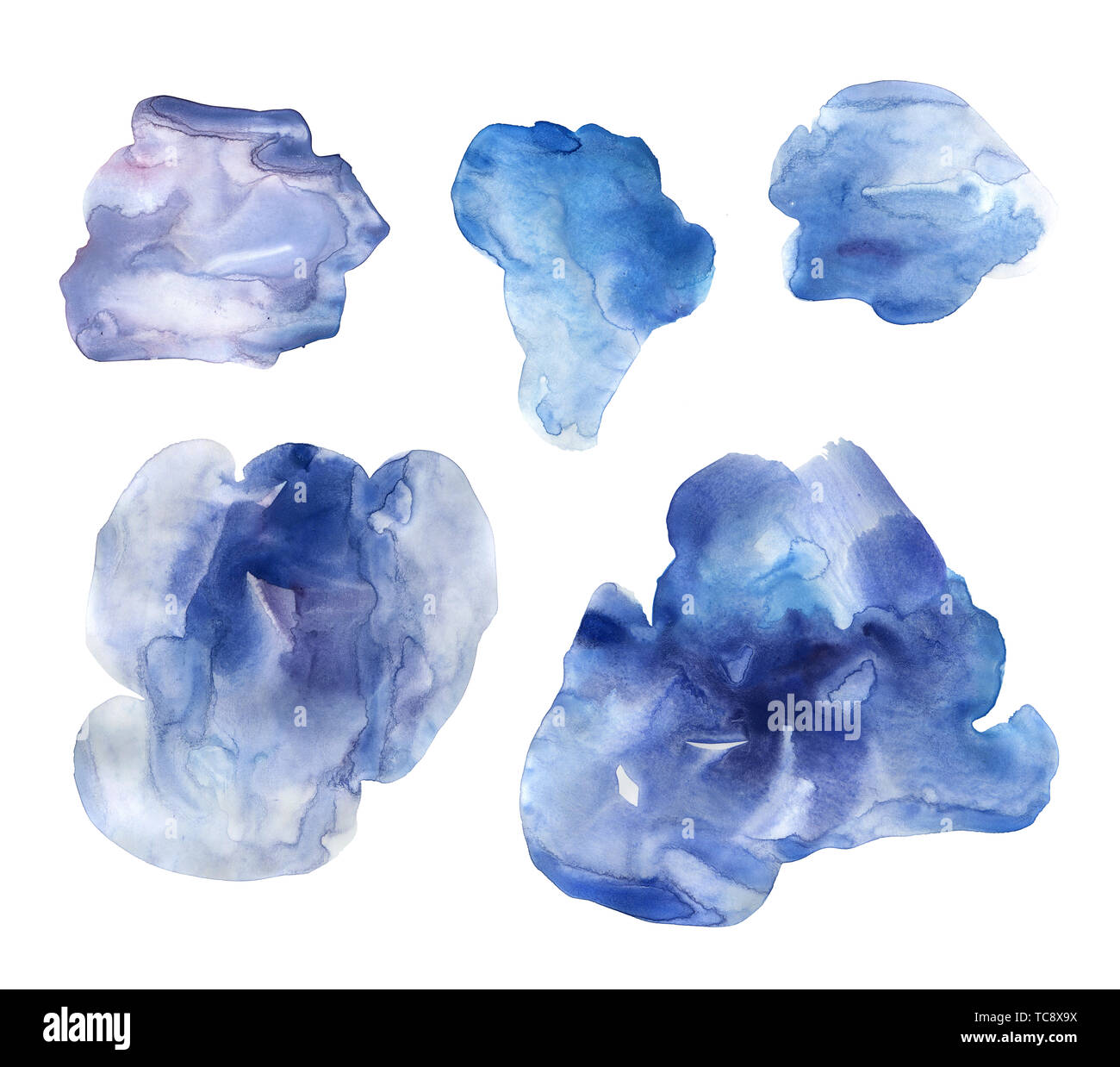 Set of blue hand drawn watercolor stains. Collection blue gloomy clouds ...