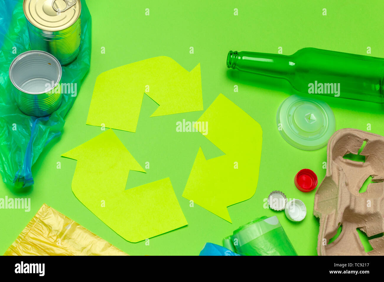 Eco concept with recycling symbol on table background top view Stock ...