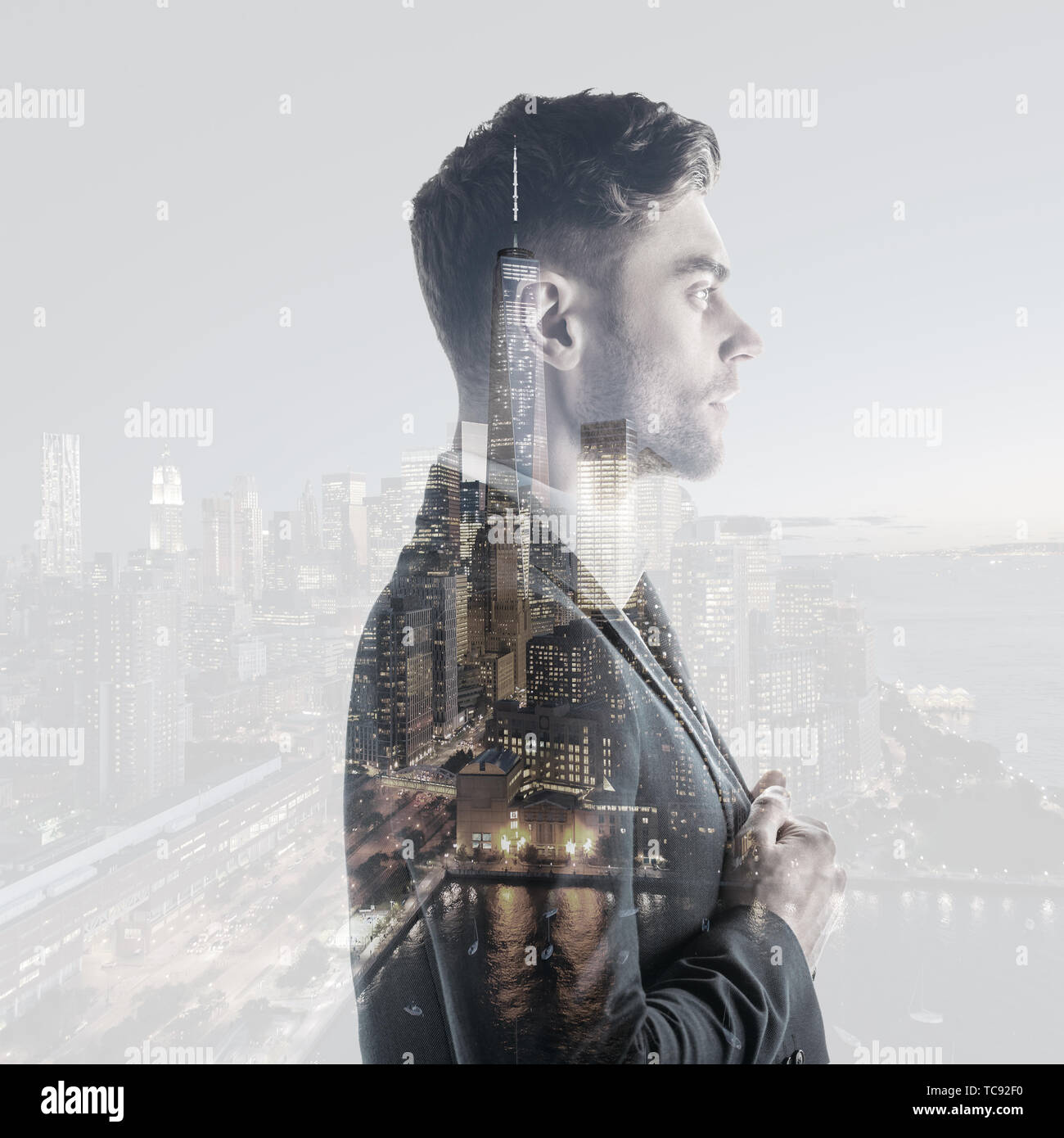 double exposure of handsome, serious man and new york cityscape Stock ...