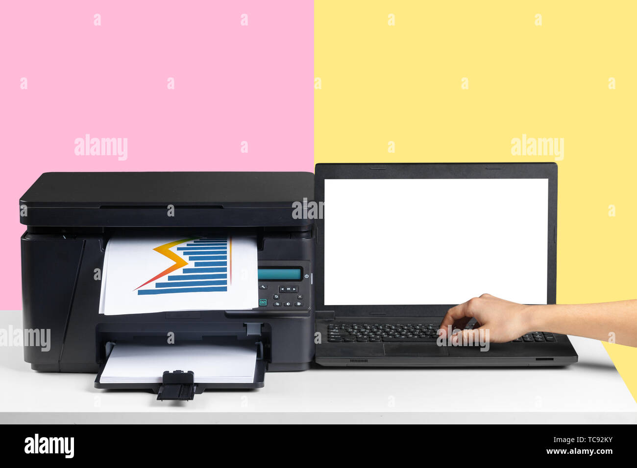 Printer and computer. Office table Stock Photo - Alamy