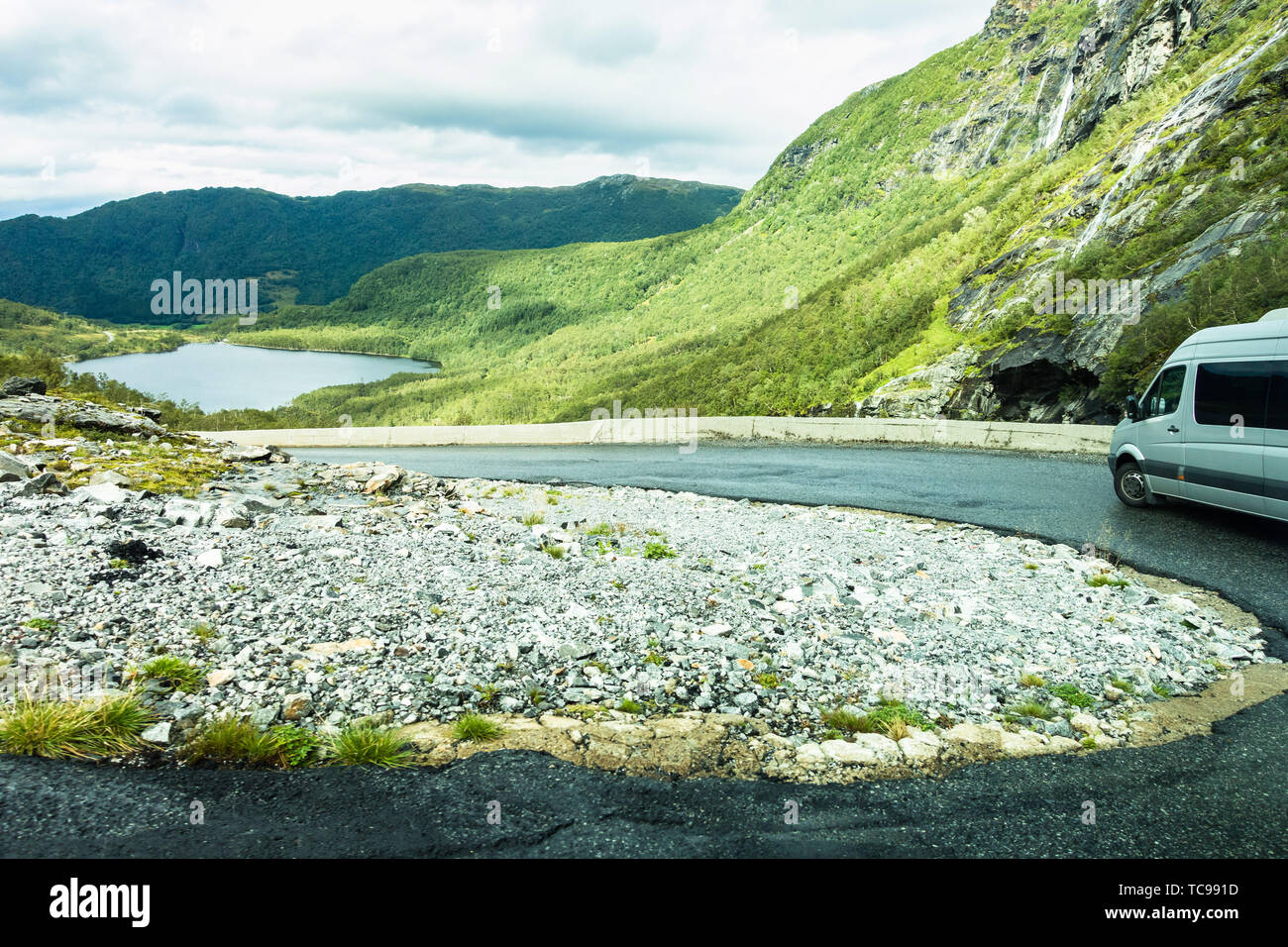 Steep mountain road descending from Fonna Glacier Ski Resort, Jondal ...