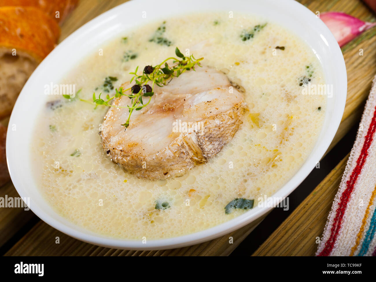 Delicious pollock chowder served in soup plate – traditional dish of ...