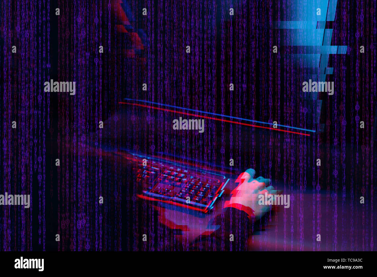 Hacker Working With Computer In Dark Room With Digital Interface Around Image With Glitch