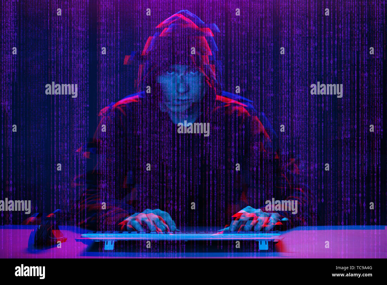 Hacker Working With Computer In Dark Room With Digital Interface Around Image With Glitch