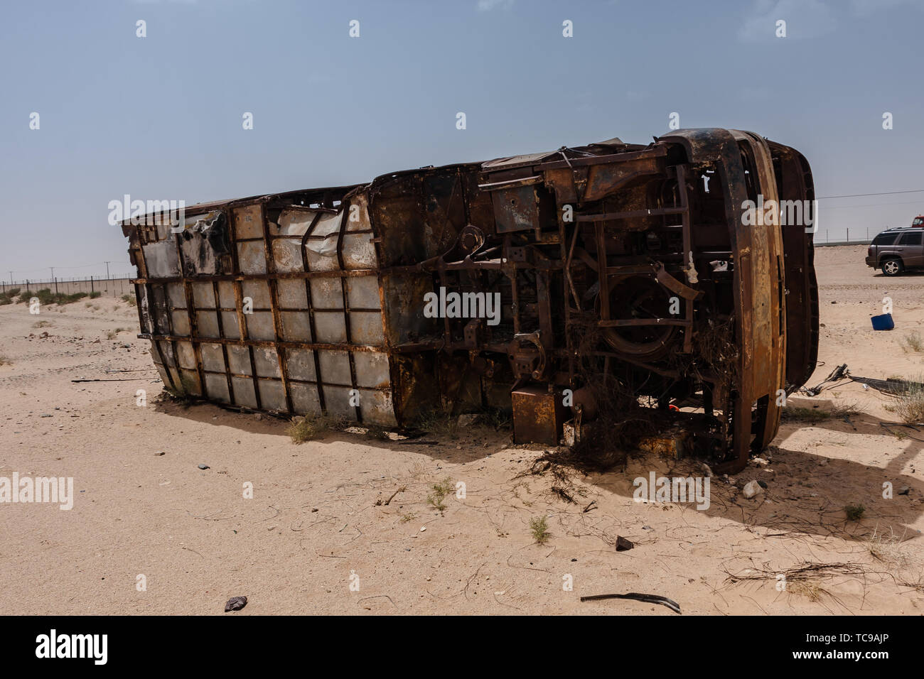 The frame of the burnt bus roadside the Makkah Al Mukarramah Road ...