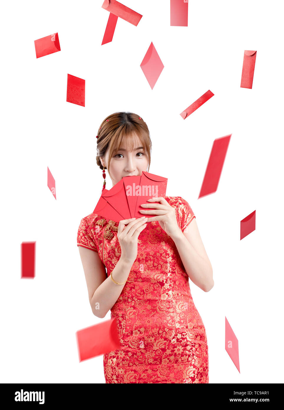 Red envelopes rain beauty on white background Stock Photo - Alamy