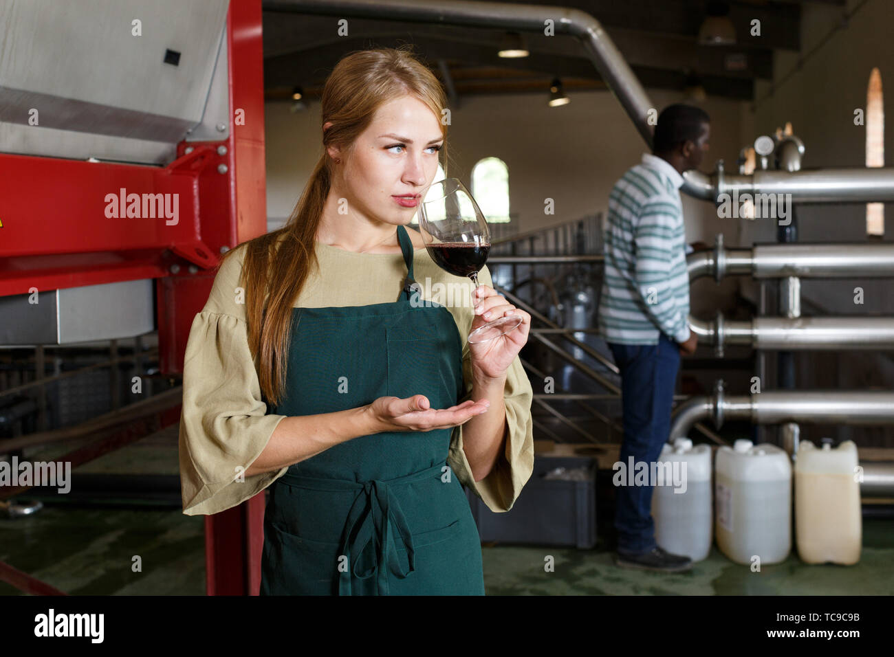 Portrait of young woman winemaker checking red wine in glass at winery ...