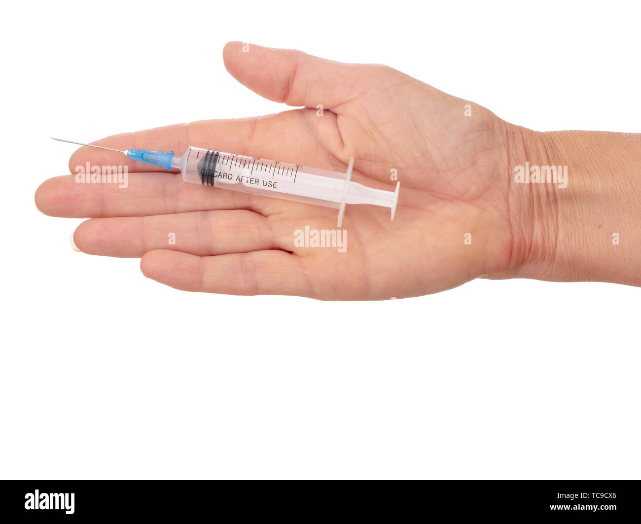Woman's flat hand with plastic disposable, mono use syringe. Isolated ...
