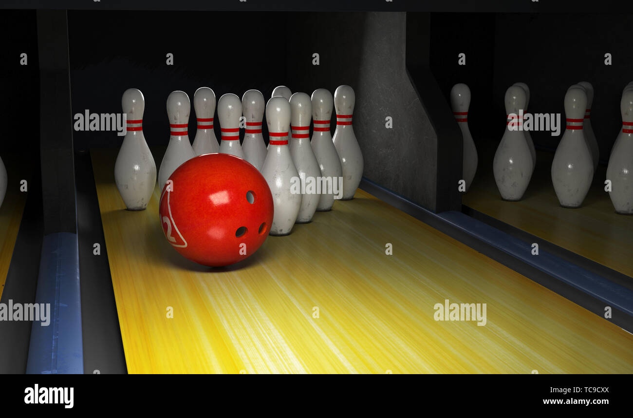 Bowling Strike. Skittles and bowling ball on the track. 3D render Stock ...