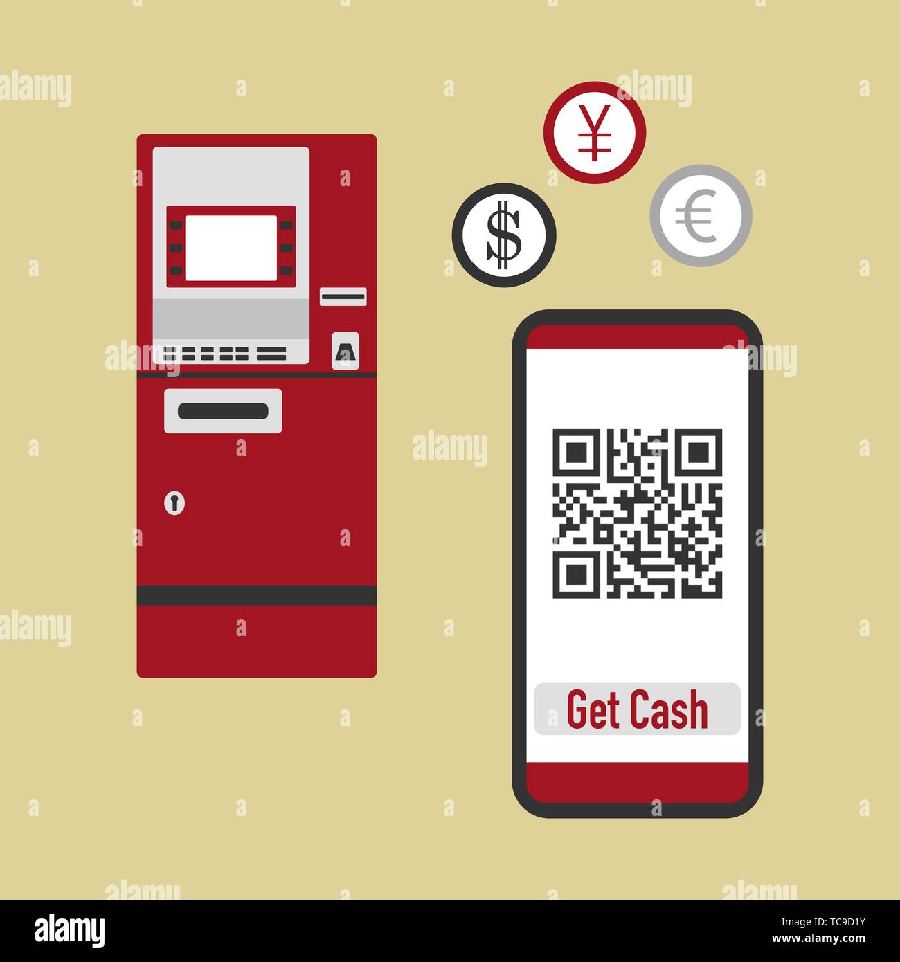 Vector illustration with phone with qr code, ATM cash withdrawal ...