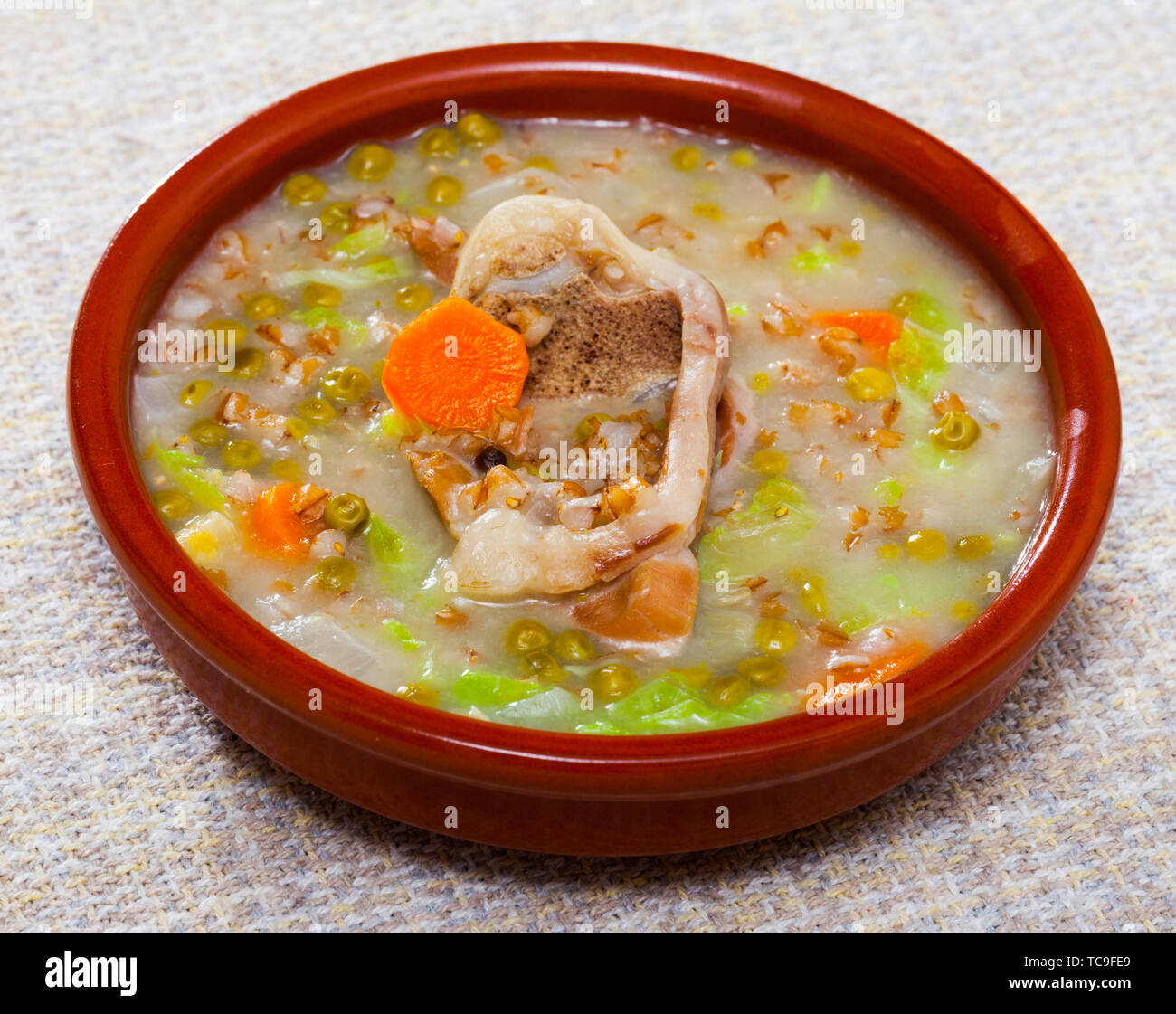 Traditional Scotch broth with barley groats, lamb, cabbage and peas ...