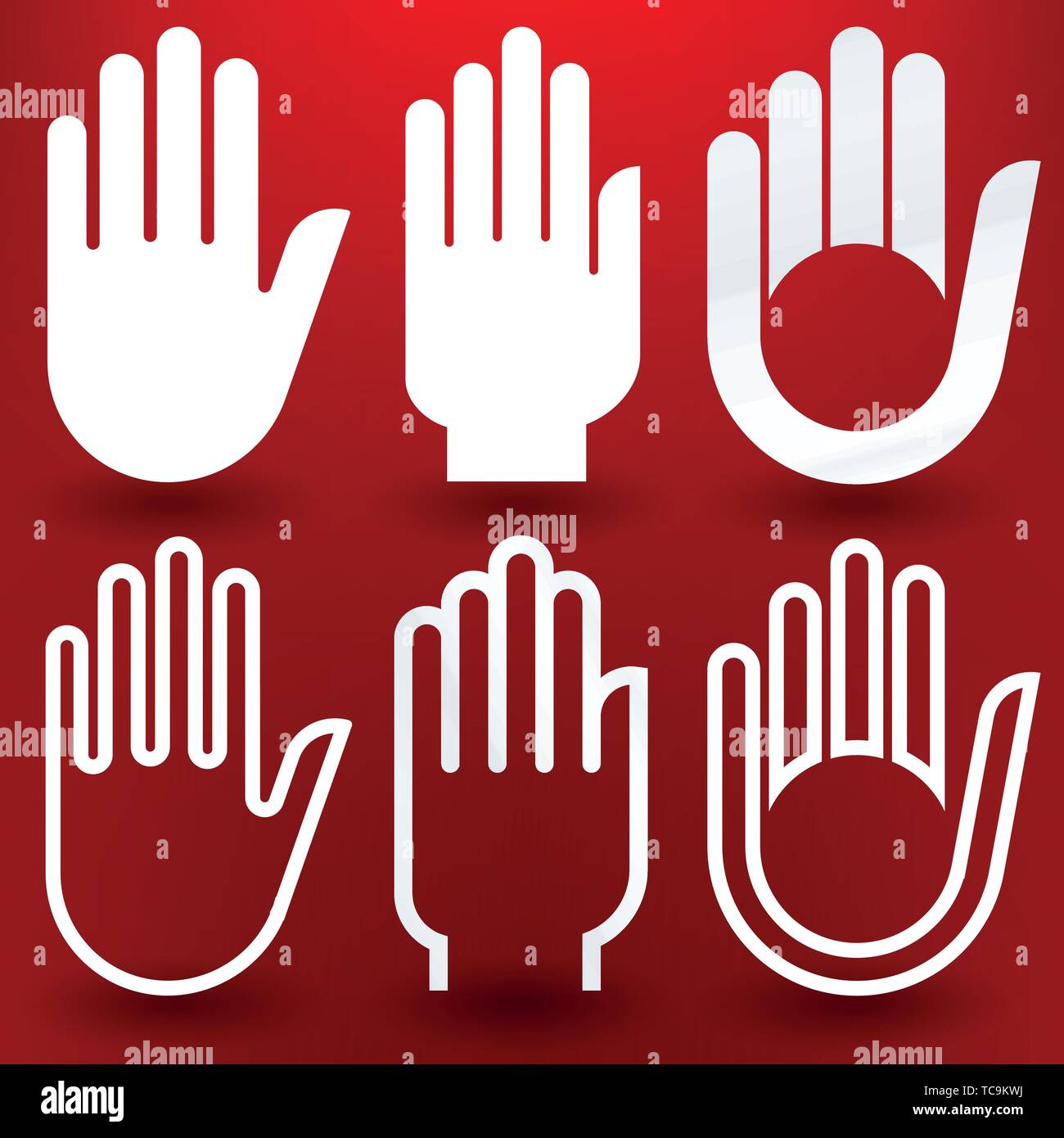 Vector illustration. Six hands icon in different styles over red ...