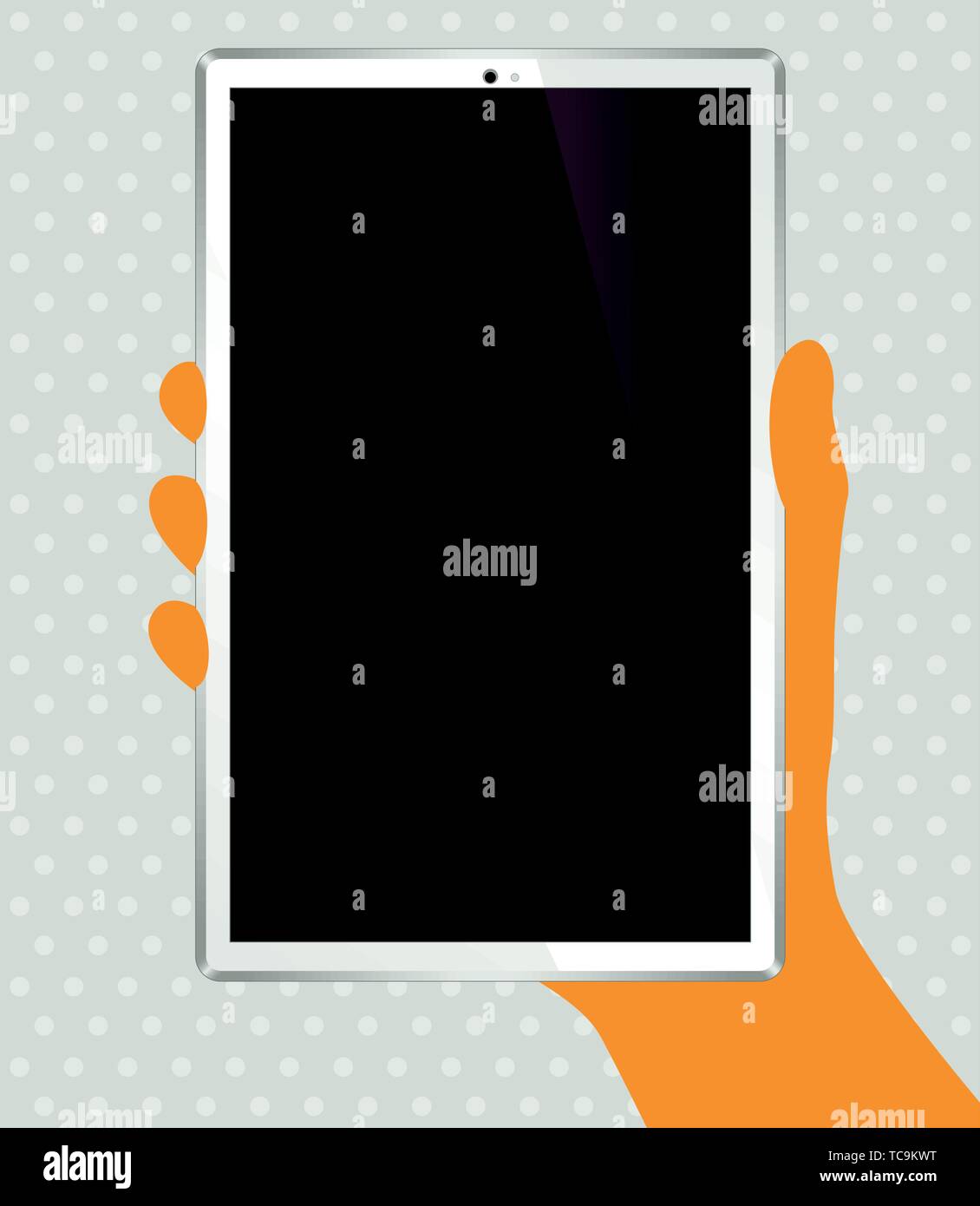 Vector illustration. On hand tablet illustration isolated over dotted ...