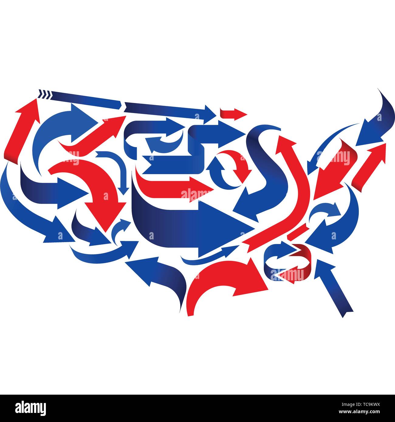 Vector illustration. USA arrows map in blue. Concept of communications ...