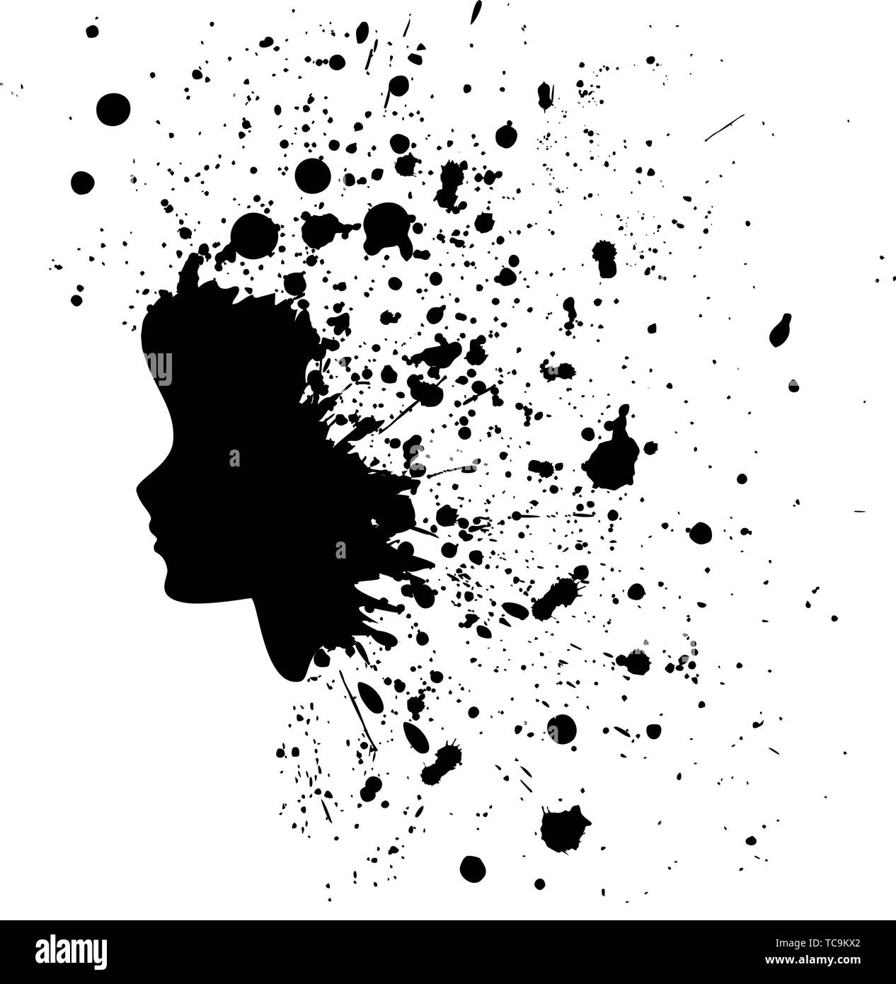 Vector illustration. Woman head profile as a ink splash in black Stock ...