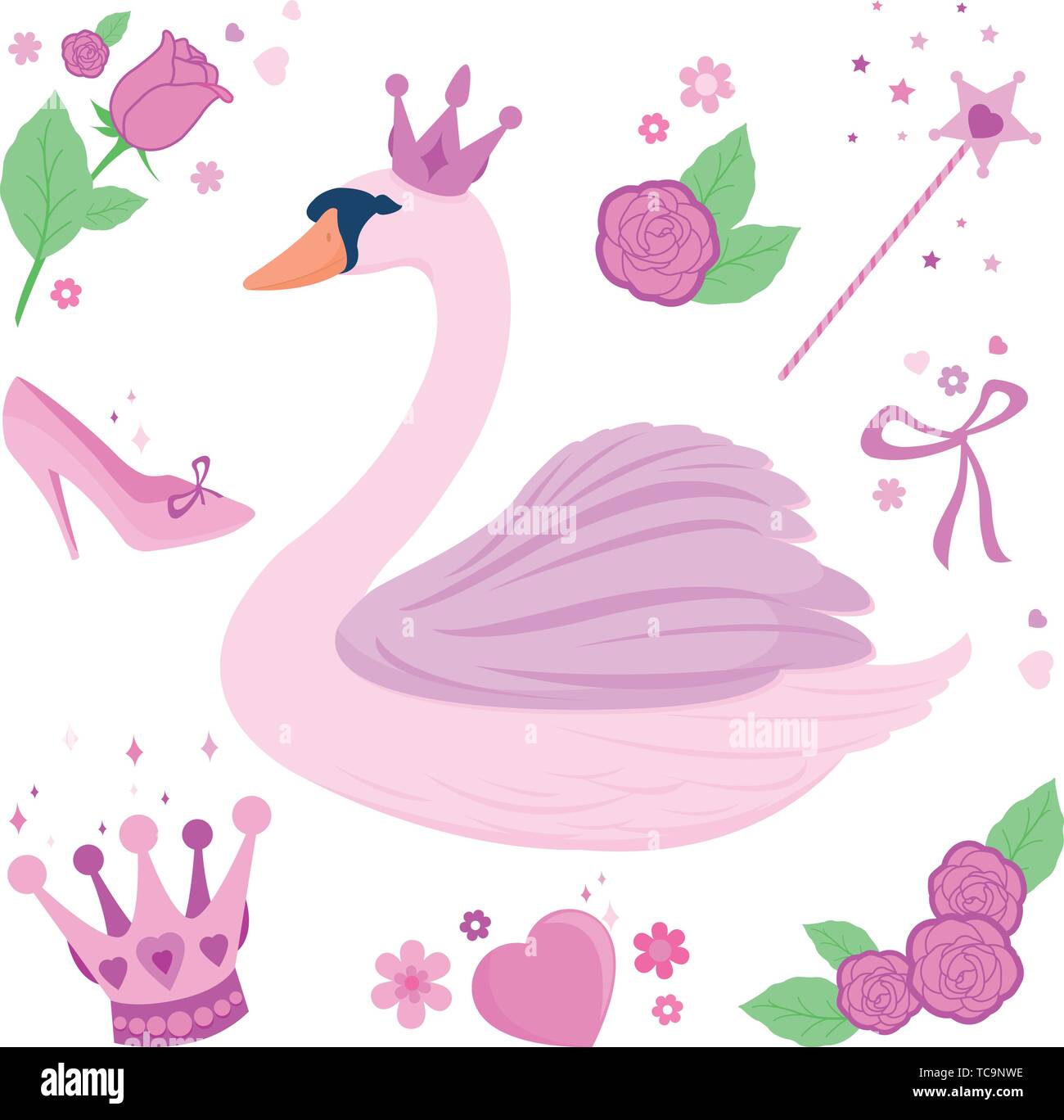 Swan princess fairy tale set. Beautiful pink swan lake bird collection ...