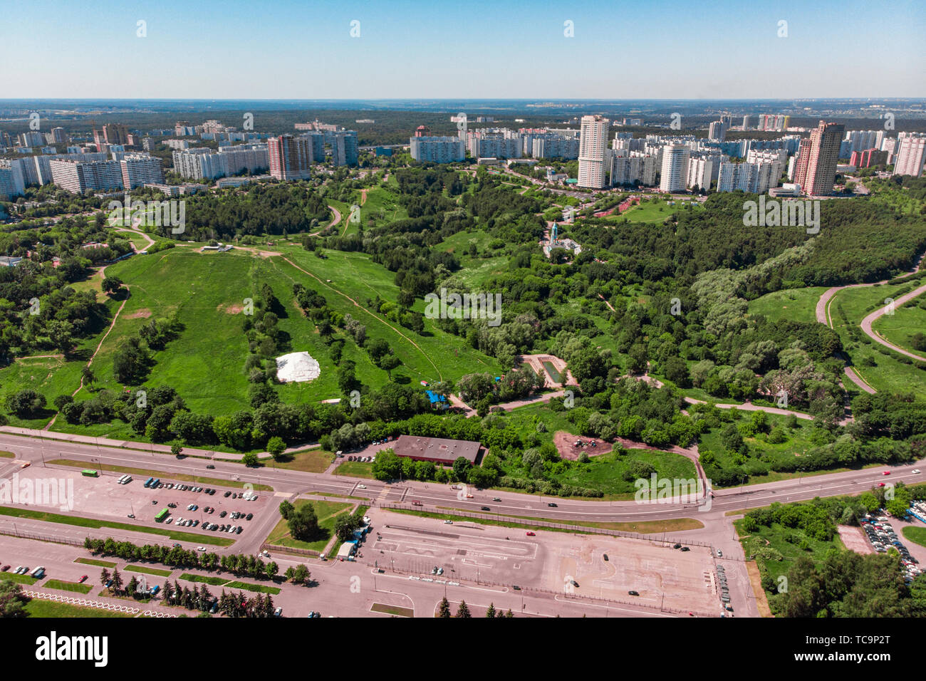 Aerial view of the city from intersections and roads, houses, buildings ...