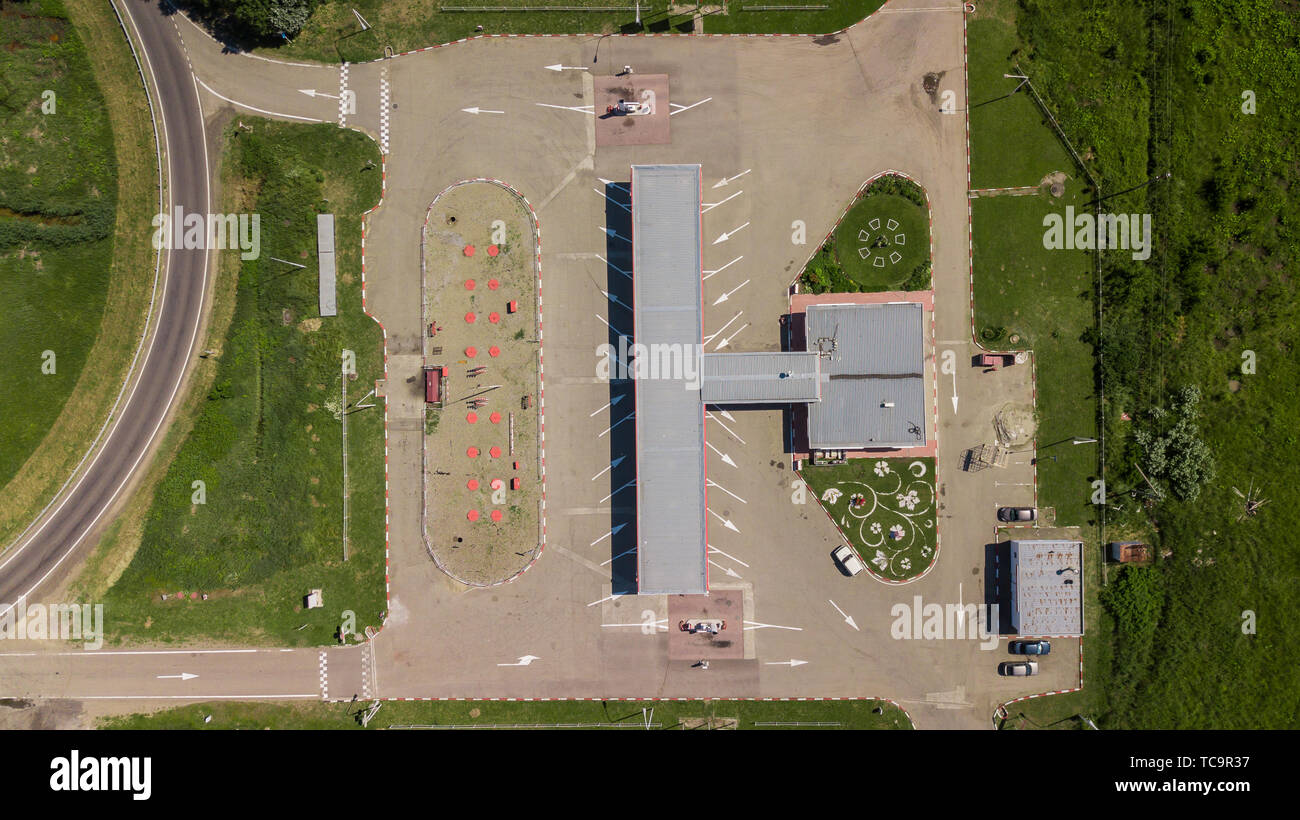 Aerial top down view of gas, filling station Stock Photo - Alamy