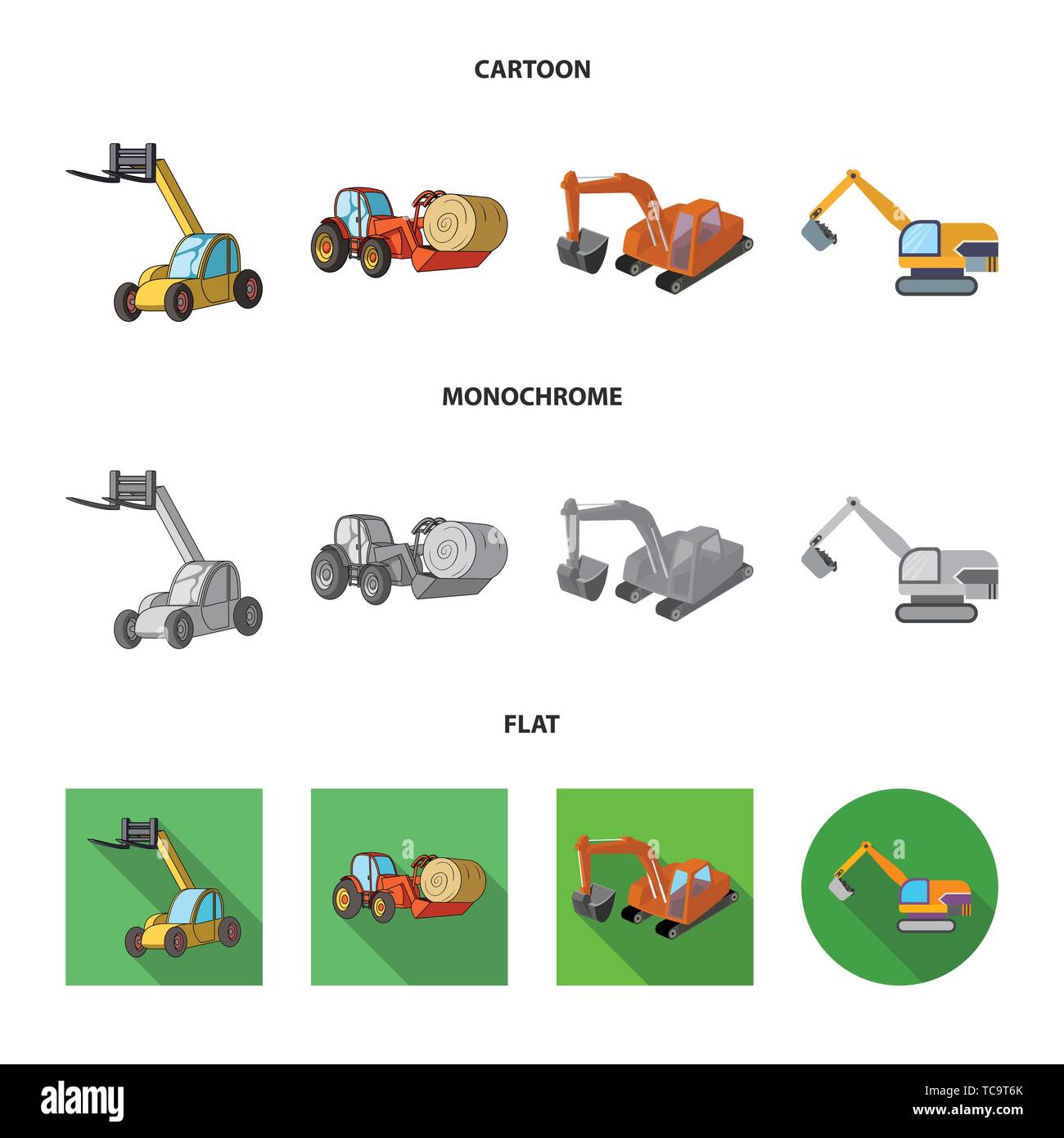 Vector illustration of front and excavator sign. Collection of front ...