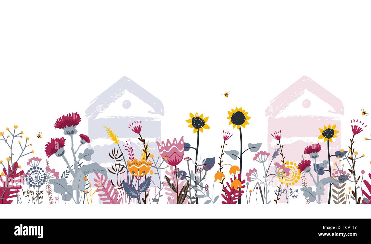 Bright seamless meadow border with beehives, bees, and flowers. Vector ...