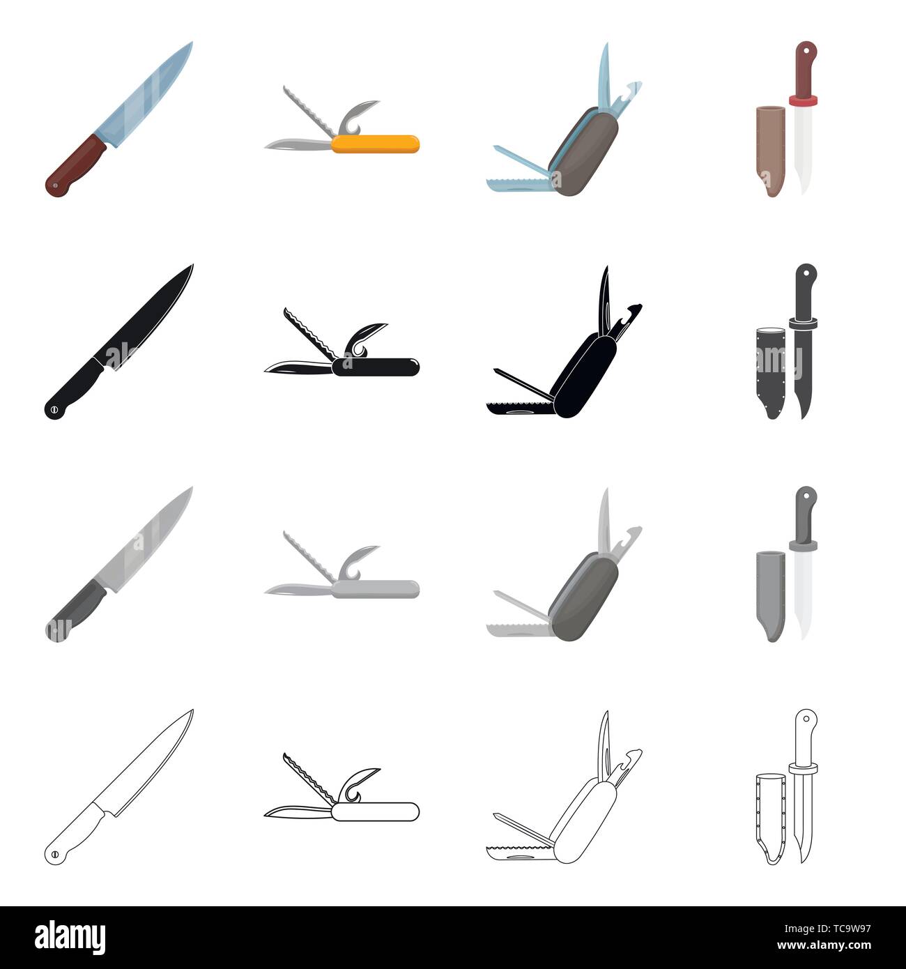 Vector illustration of knife and cut symbol. Set of knife and flat ...