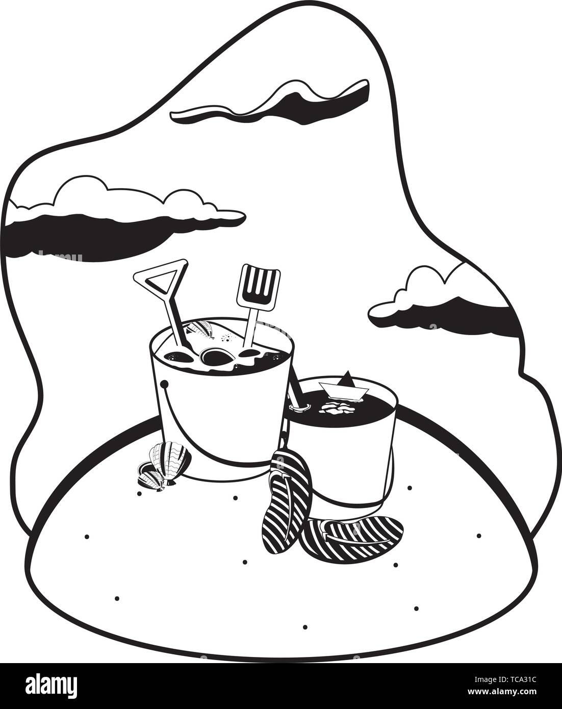 summer sand beach with sand bucket and icons vector illustration design ...