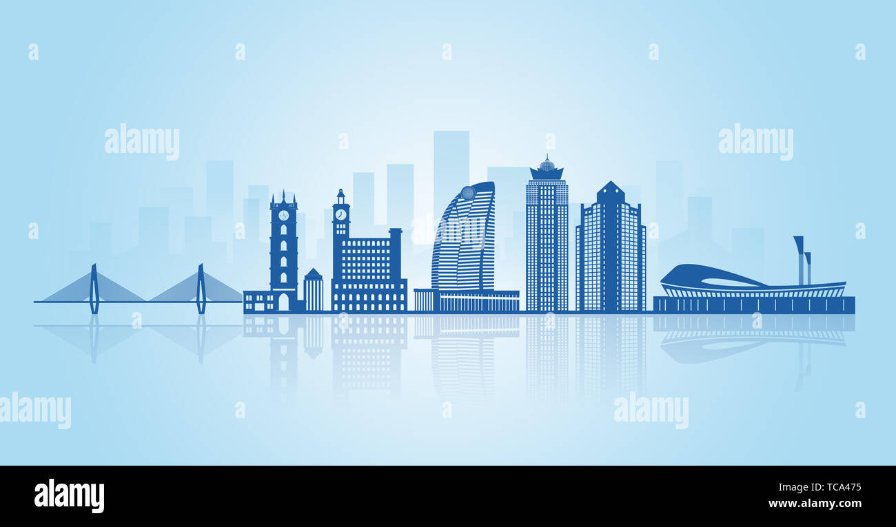 Silhouette of landmark buildings in Haikou City, Hainan Province Stock ...