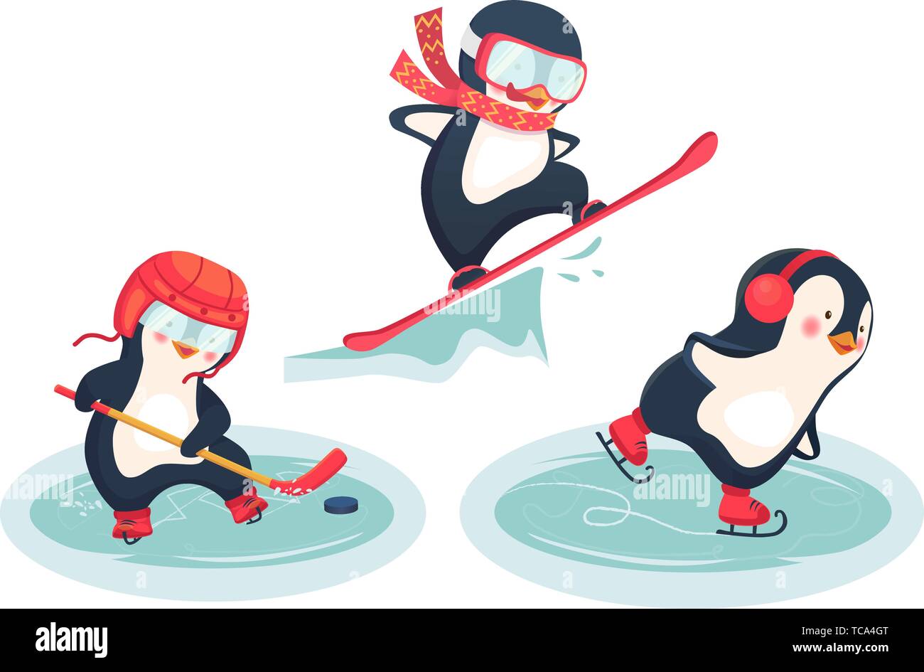 Winter sports. Childrens sports concept. Active penguins in winter ...