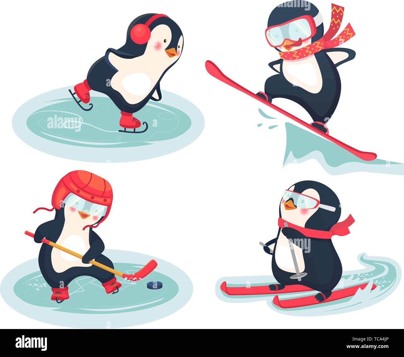 Winter sports. Childrens sports concept. Active penguins in winter ...