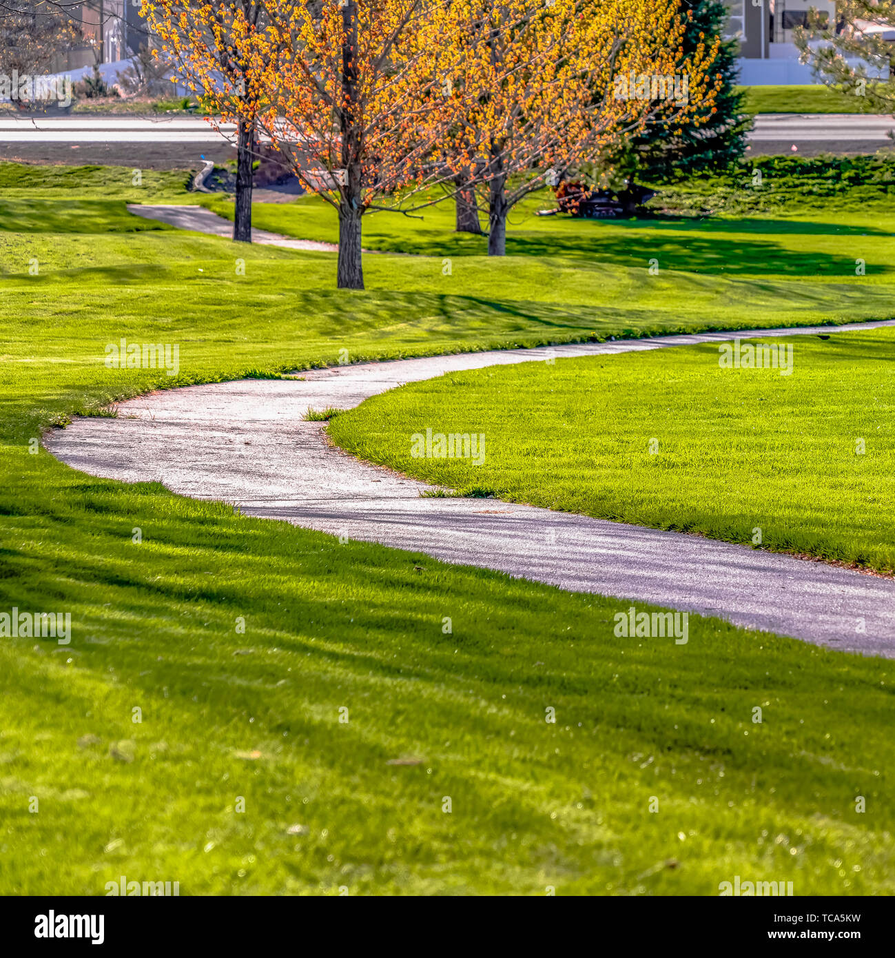 Square Grassy terrain with a curving pathway that leads to the road in ...