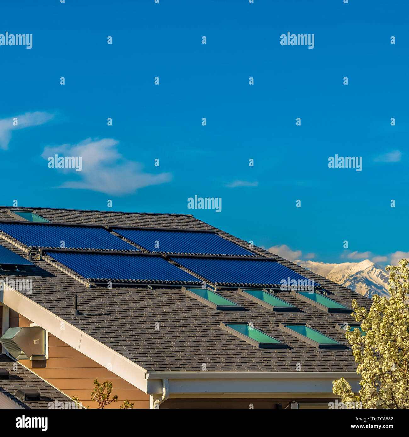 Square Roof of a home with solar panels and skylights viewed on a sunny ...
