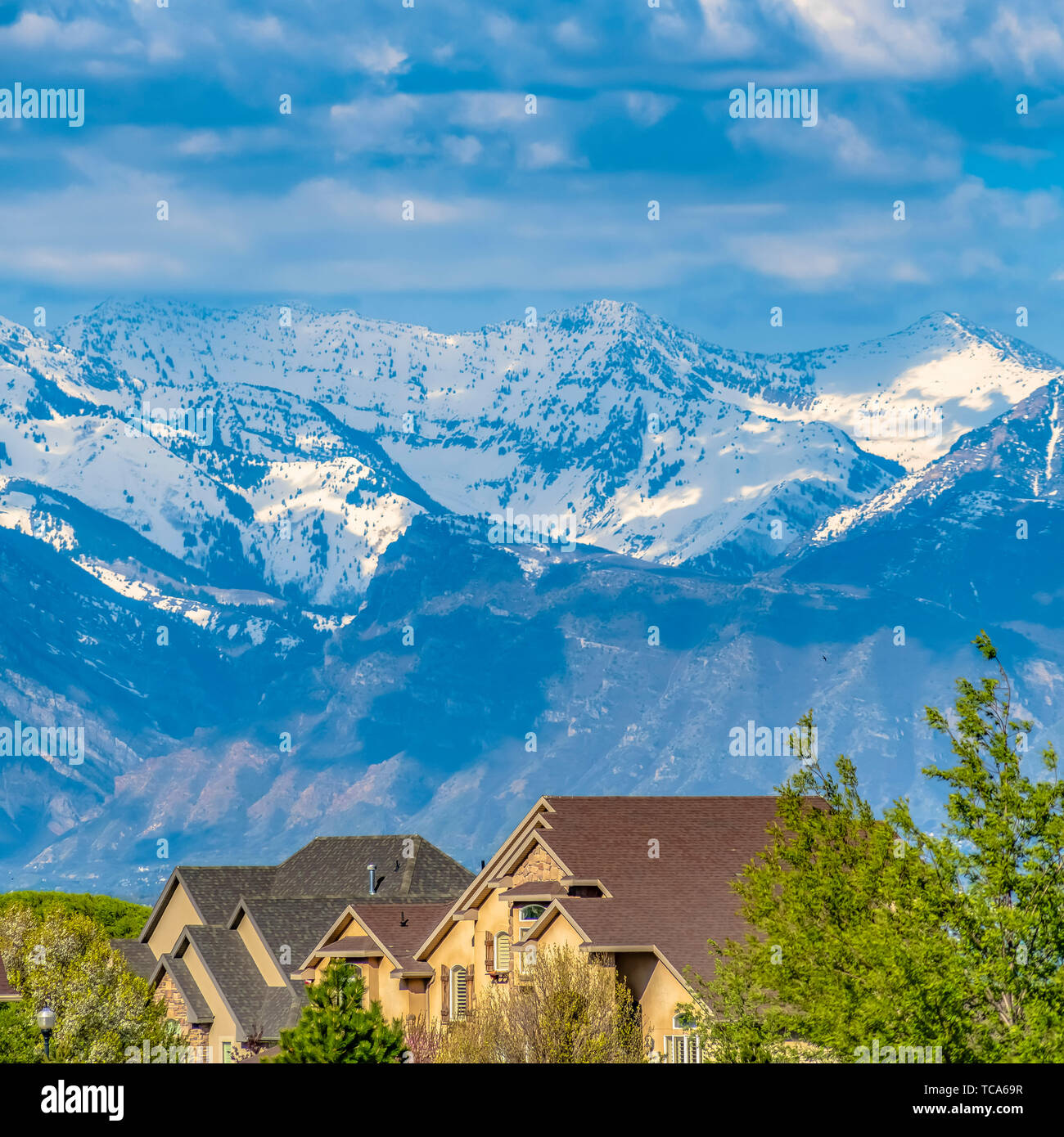 Frame Frame Square Houses and lush green trees with snow capped ...