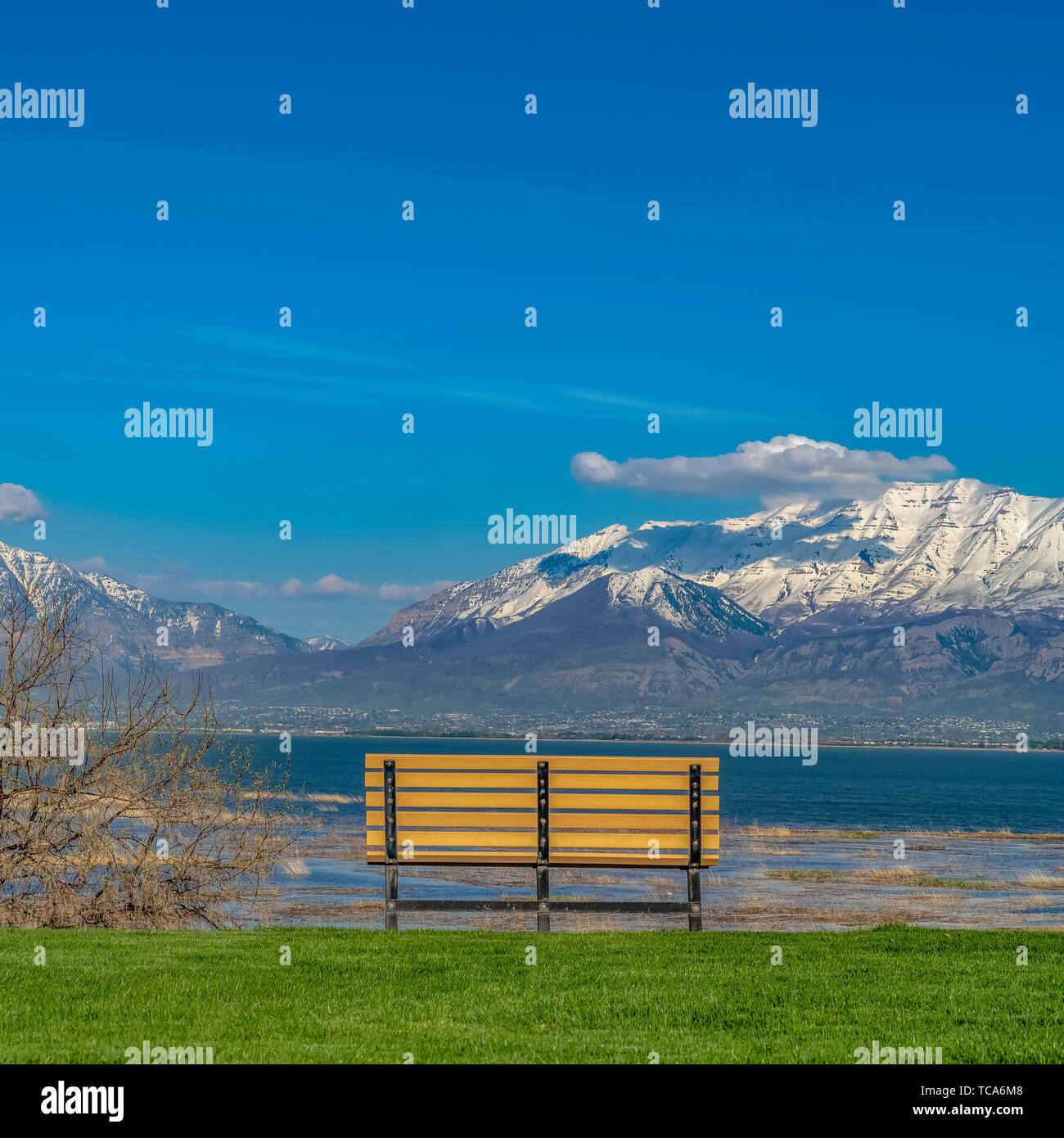 Empty bench facing lake hi-res stock photography and images - Alamy