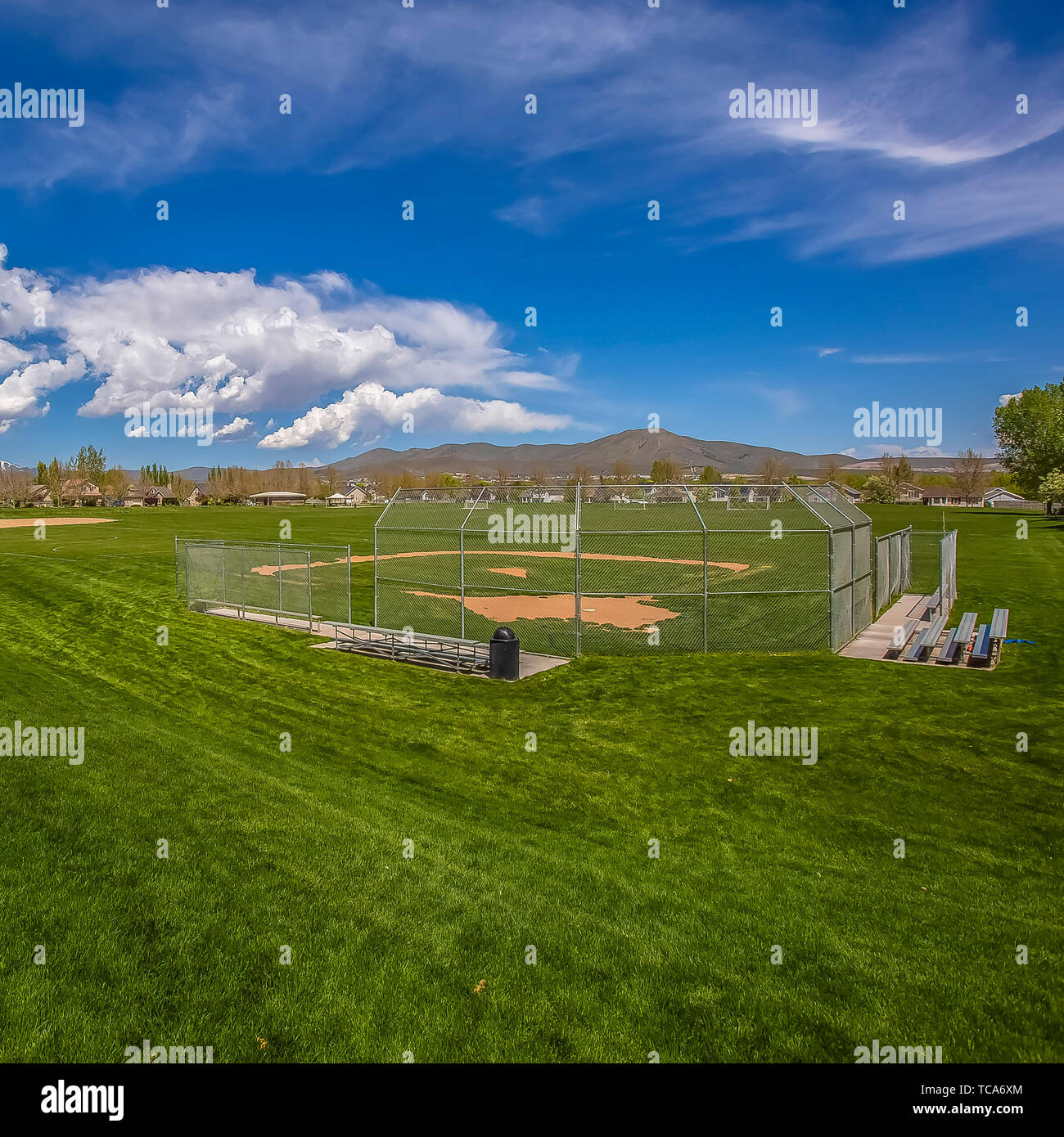 Frame Square Soccer field and ballpark with trees and houses on the ...