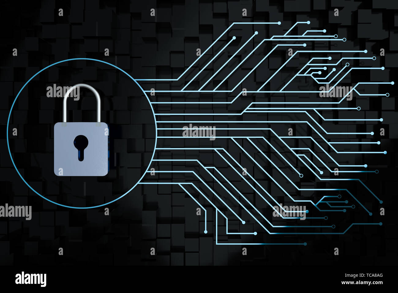 Three-dimensional rendering, metal encryption lock with tech background ...