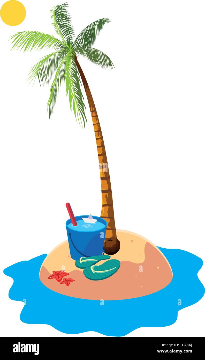 summer beach with palms and water bucket scene vector illustration ...