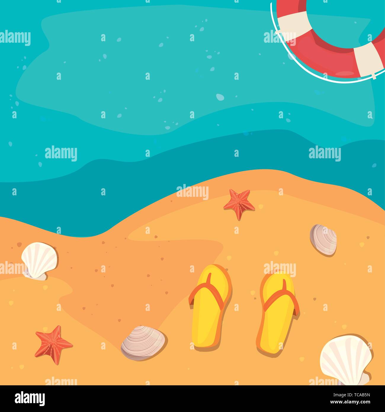 summer time holiday flip flops lifebuoy shore beach starfish seashell ...