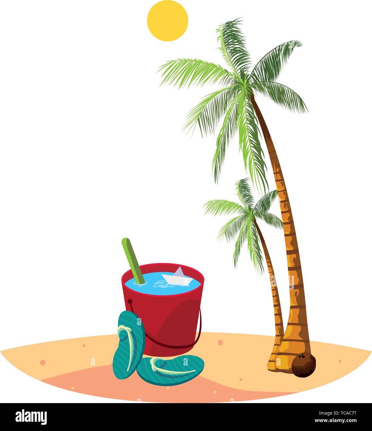 summer beach with palms and water bucket scene vector illustration ...