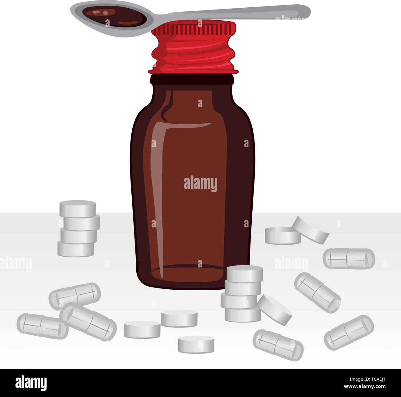 Bottle of homeopathic remedy syrop and a spoon with remedy mixture ...
