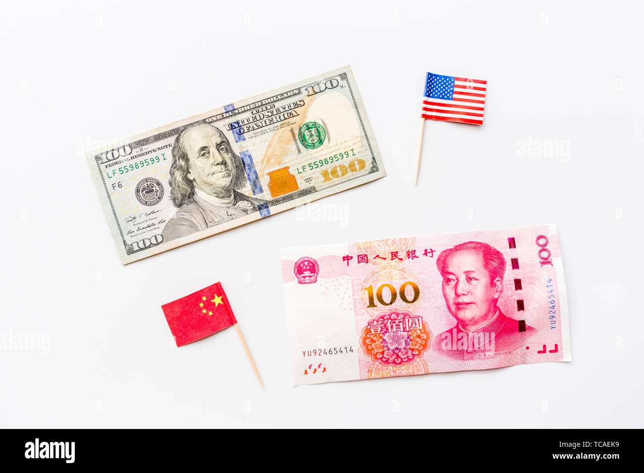 Creative top view flat lay of China and USA flag, mockup and copy space ...