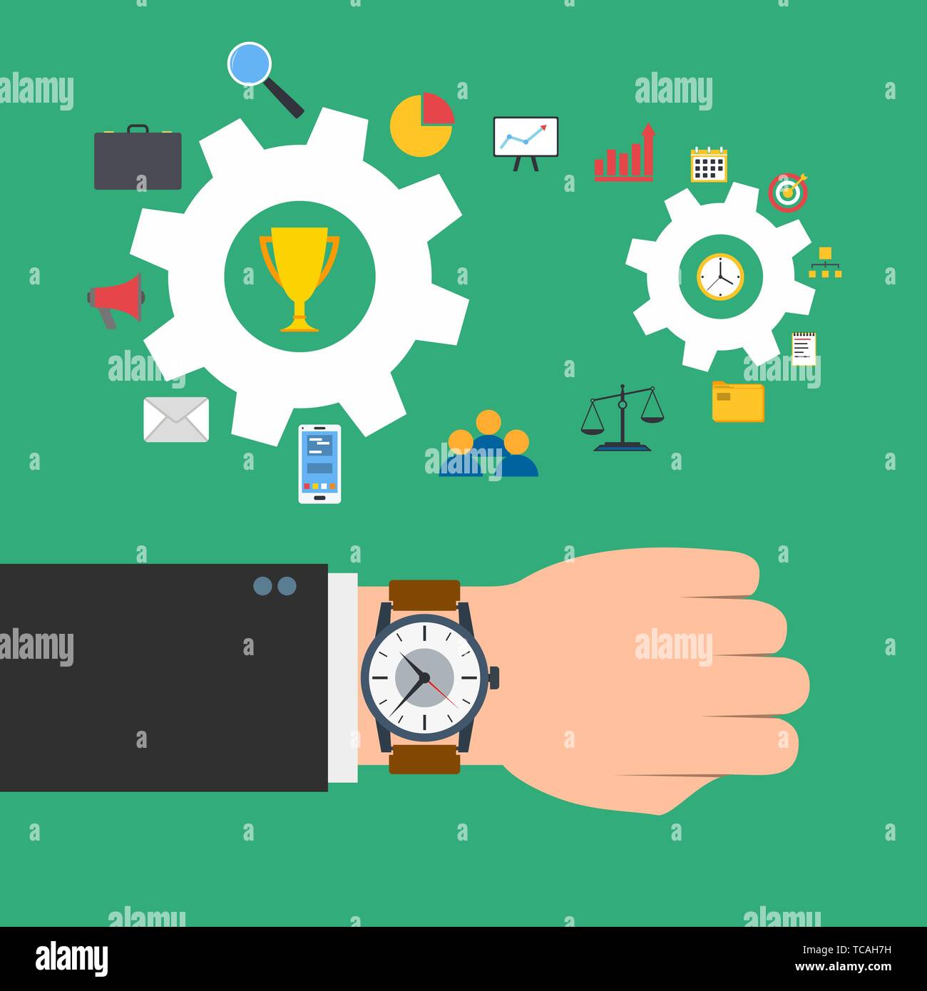 Time management concept. Wristwatch on the hand of businessman. Gears ...