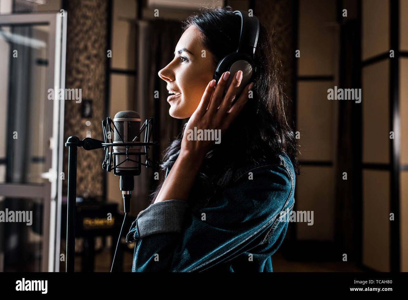 side view of beautiful woman singing near microphone in recording ...