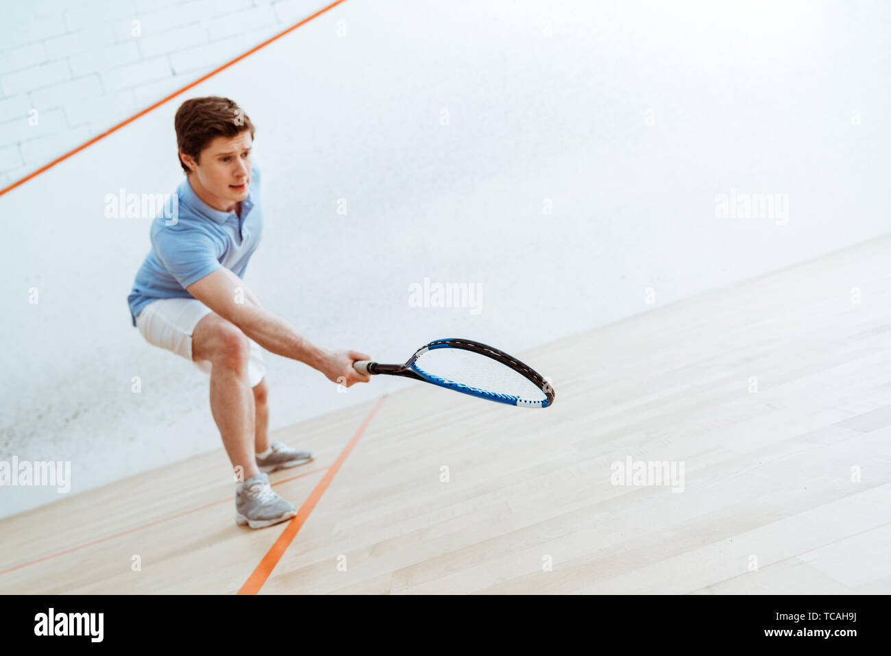 Emotional sportsman in blue polo shirt playing squash in four-walled ...