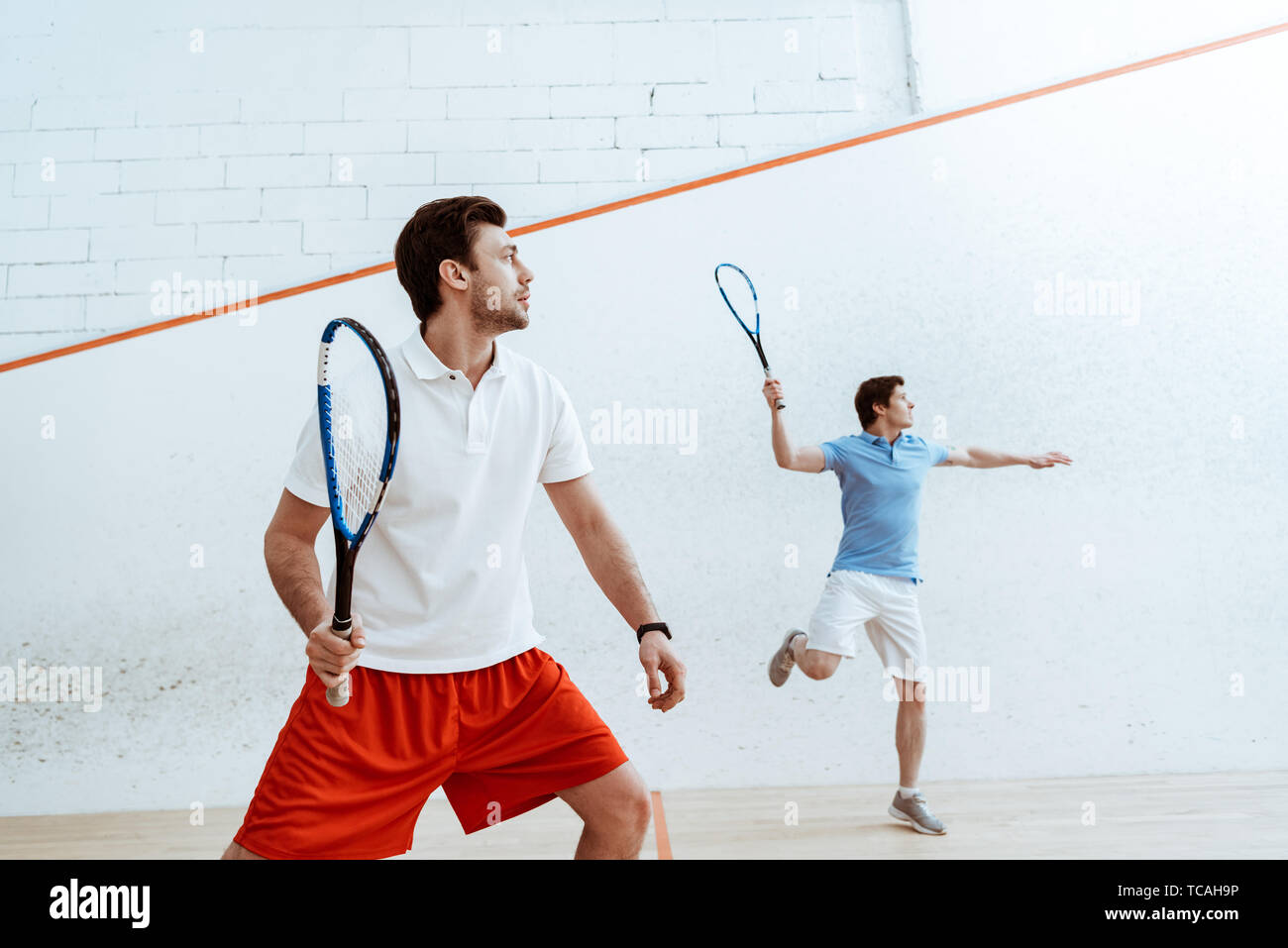 Two sportsmen playing squash with rackets in four-walled court Stock ...
