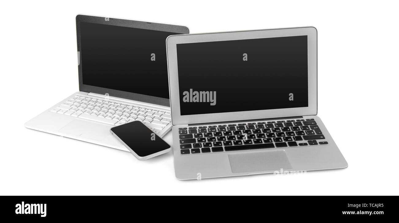 Laptop smartphone on desktop Black and White Stock Photos & Images - Alamy