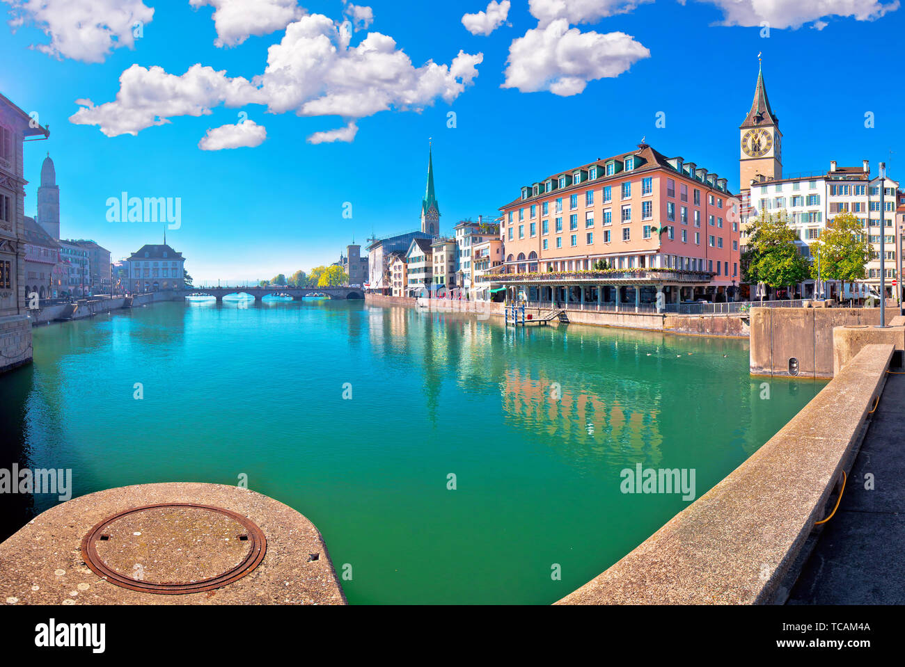 Zurich and Limmat river waterfront colorful panorama, largest city in ...