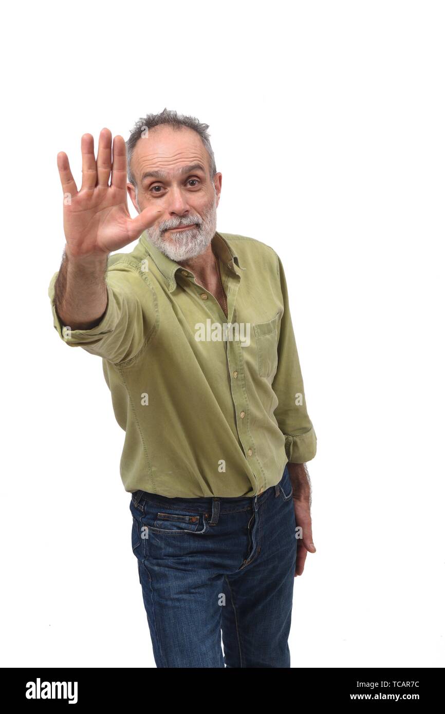 Man with stop sign white background Stock Photo - Alamy
