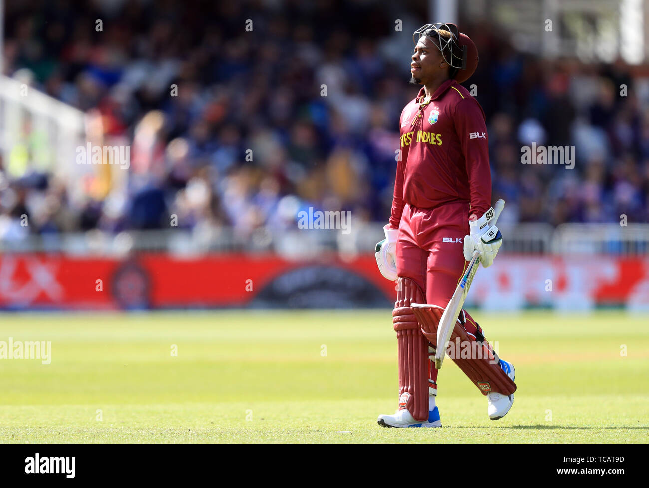 West Indies' Shimron Hetmyer walks off the field after being run out ...